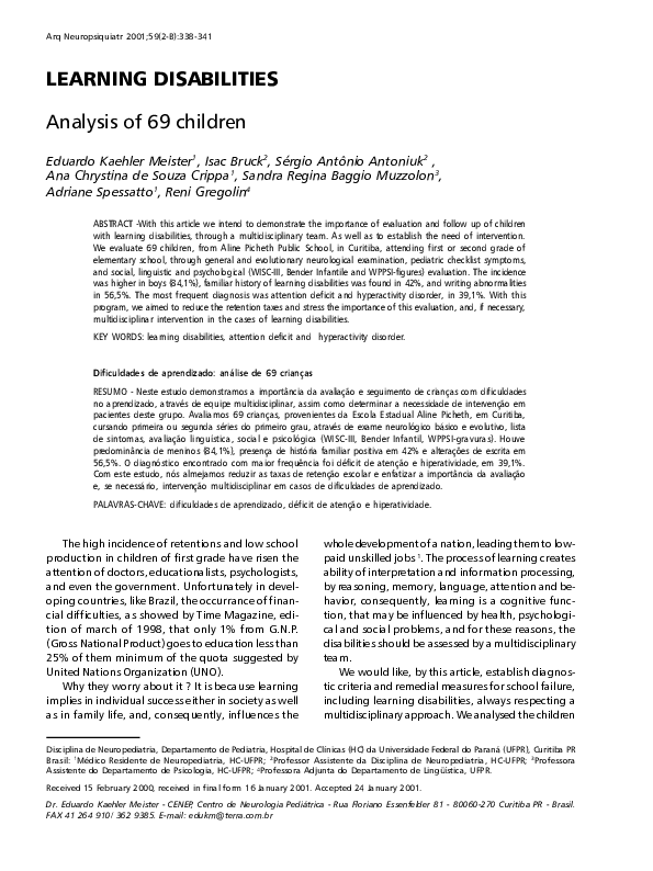 (PDF) Learning disabilities: analysis of 69 children