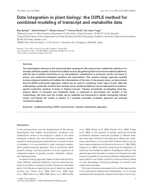 (PDF) Data integration in plant biology: the O2PLS method for combined modeling of transcript ...