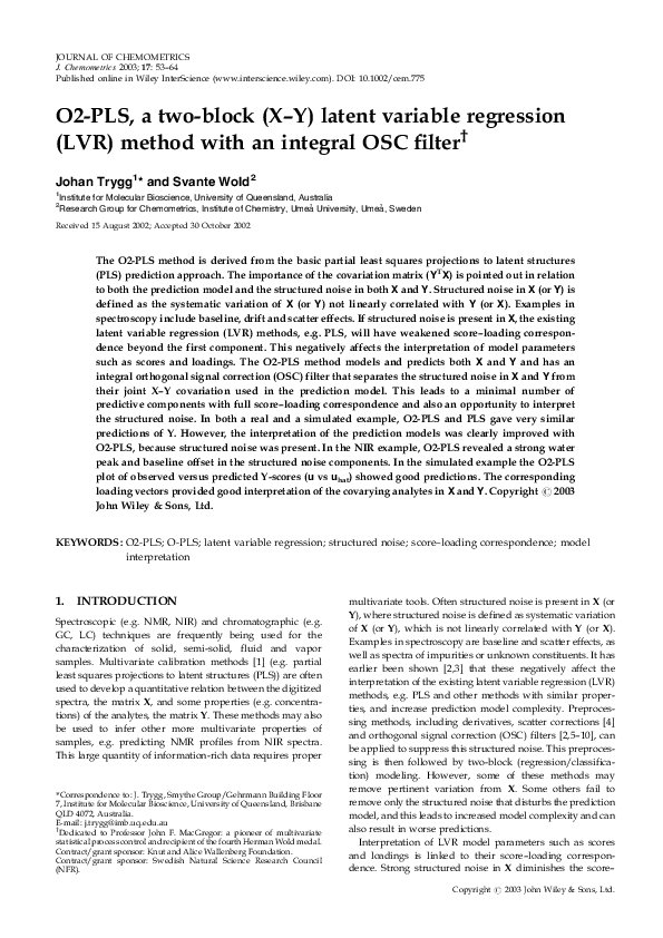 (PDF) O2-PLS, a two-block (X-Y) latent variable regression (LVR) method with an integral OSC filter
