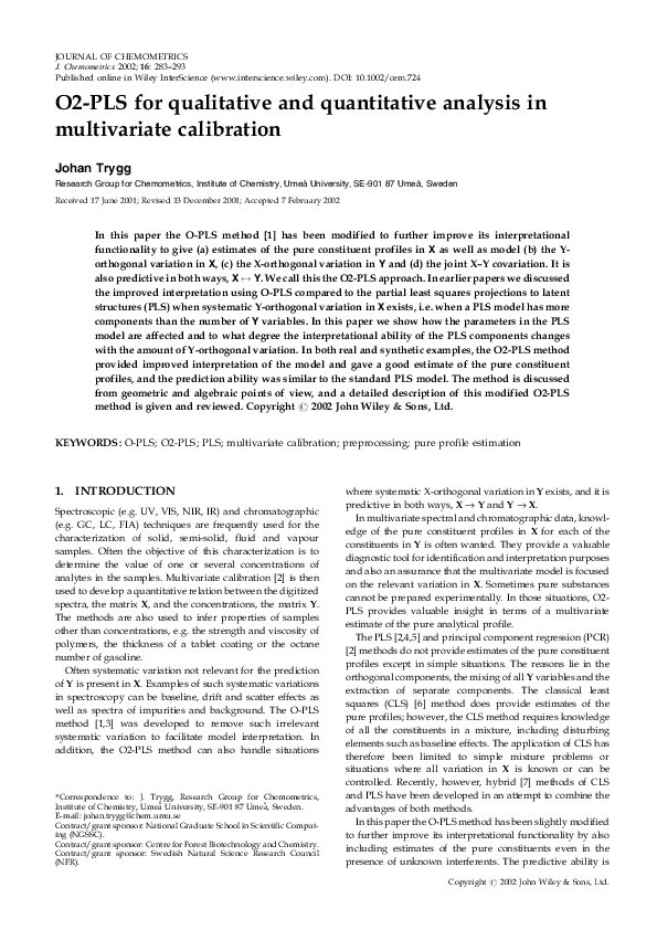 (PDF) O2-PLS for qualitative and quantitative analysis in multivariate ...