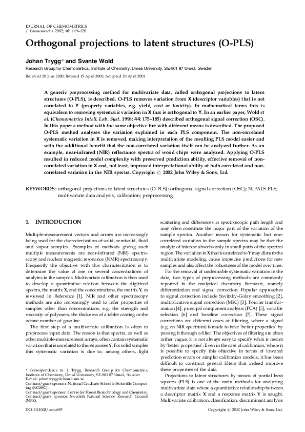 (PDF) Orthogonal projections to latent structures (O-PLS)