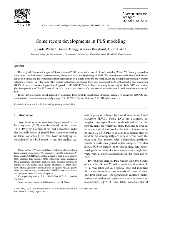 (PDF) Some recent developments in PLS modeling