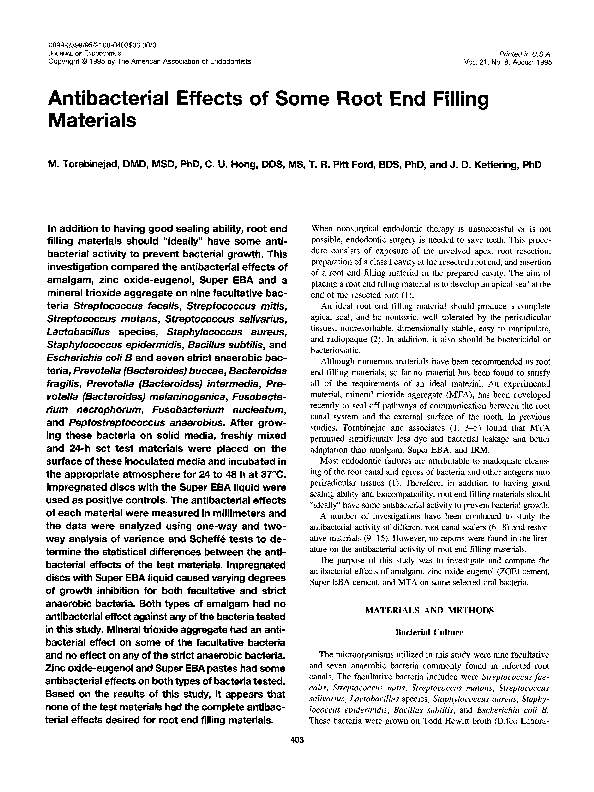 (PDF) Antibacterial effects of some root end filling materials