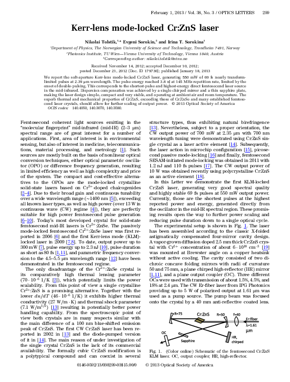 (PDF) Kerr-lens mode-locked Cr:ZnS laser
