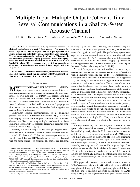 Pdf Multiple Input Multiple Output Coherent Time Reversal Communications In A Shallow Water