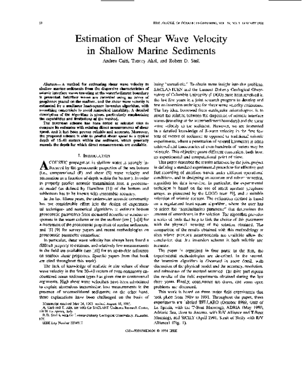 Estimation of shear wave velocity in shallow marine sediments
