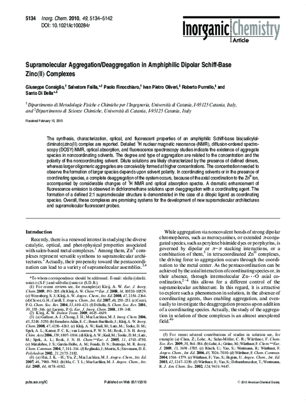 (PDF) Supramolecular Aggregation/Deaggregation in Amphiphilic Dipolar Schiff-Base Zinc(II) Complexes
