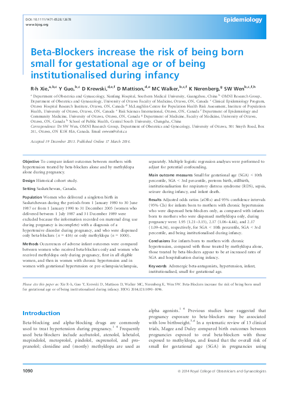 (PDF) Beta-Blockers increase the risk of being born small for ...