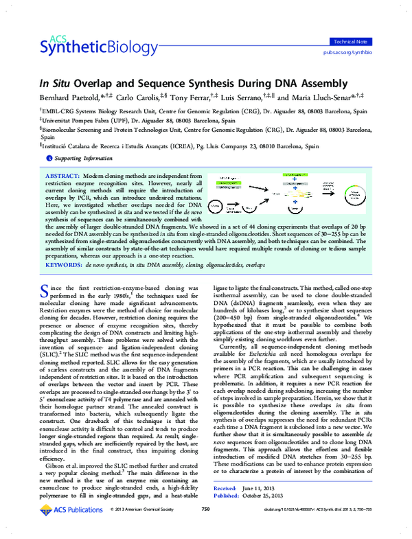 (PDF) In situ overlap and sequence synthesis during DNA assembly