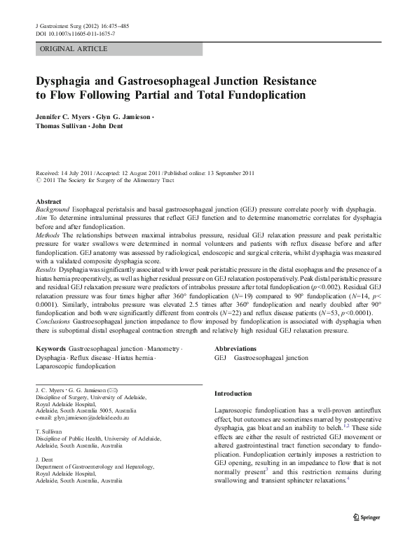 (PDF) Dysphagia and Gastroesophageal Junction Resistance to Flow ...