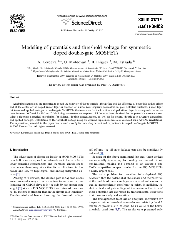 (PDF) Modeling of potentials and threshold voltage for symmetric doped double-gate MOSFETs