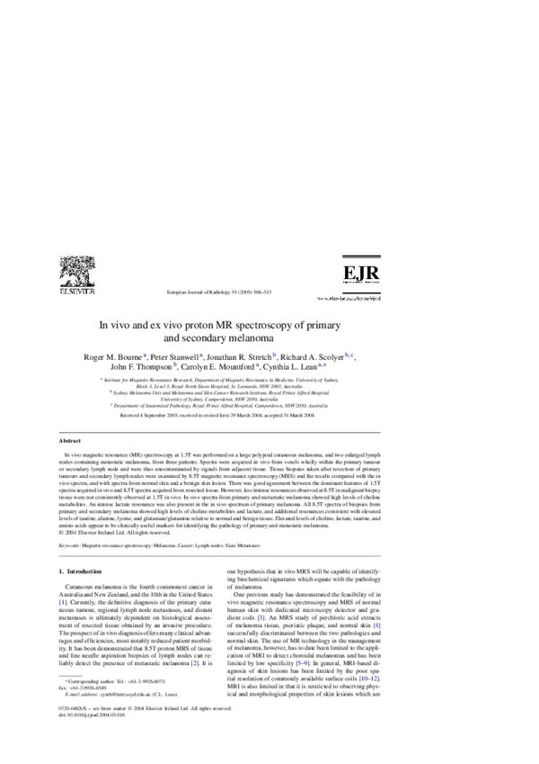 (PDF) In vivo and ex vivo proton MR spectroscopy of primary and ...