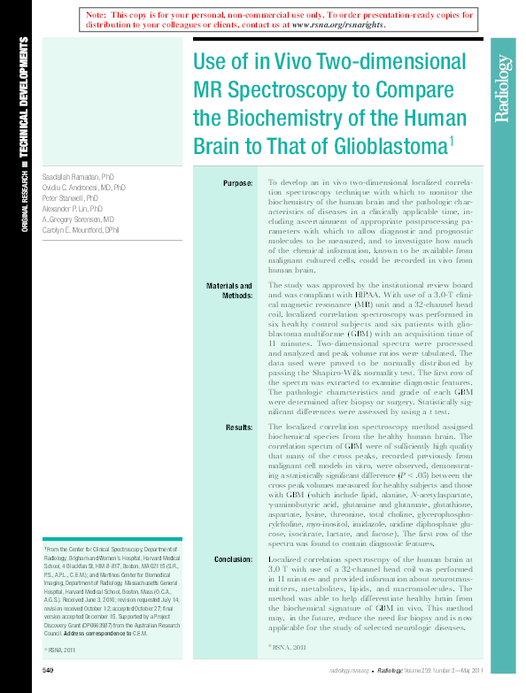 (PDF) Use of in Vivo Two-dimensional MR Spectroscopy to Compare the ...
