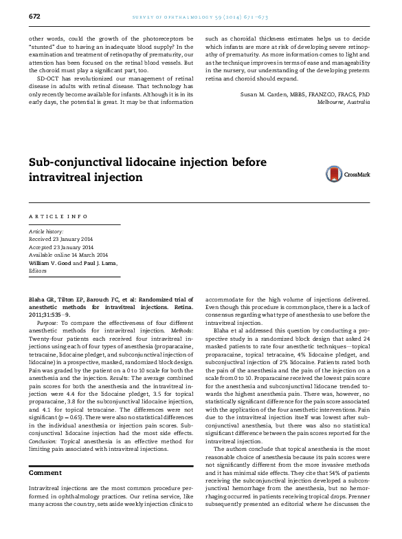 (PDF) Sub-Conjunctival Lidocaine Injection before Intravitreal Injection
