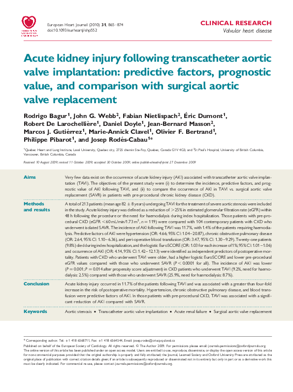 (PDF) Acute kidney injury following transcatheter aortic valve implantation: predictive factors ...