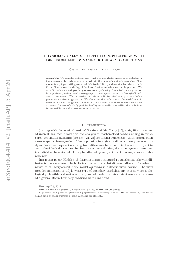 (PDF) Physiologically structured populations with diffusion and dynamic boundary conditions