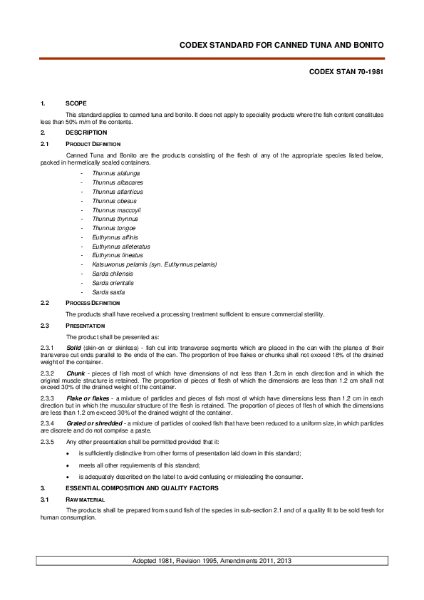 (PDF) CODEX STANDARD FOR CANNED TUNA AND BONITO CODEX STAN 70-1981