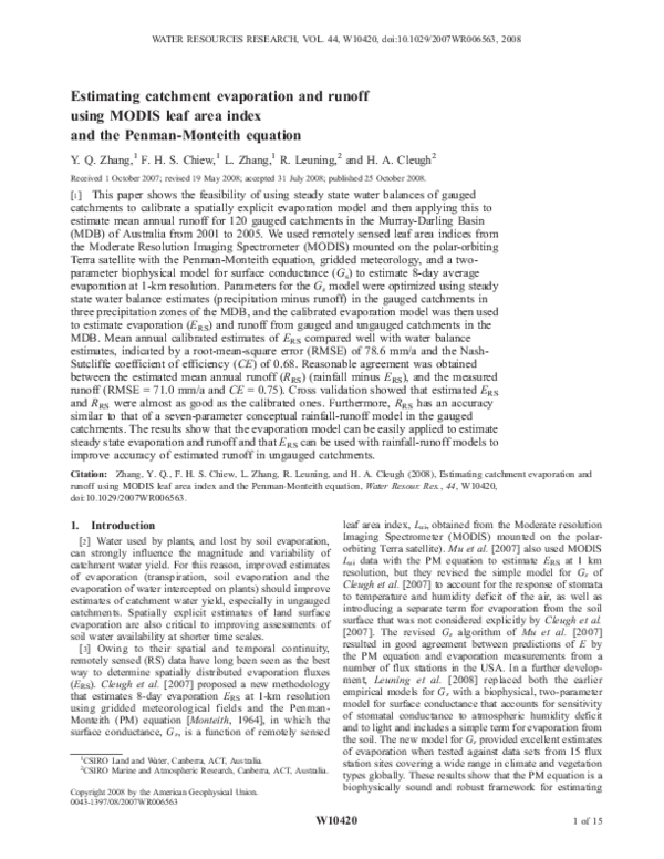 (PDF) Estimating catchment evaporation and runoff using MODIS leaf area ...