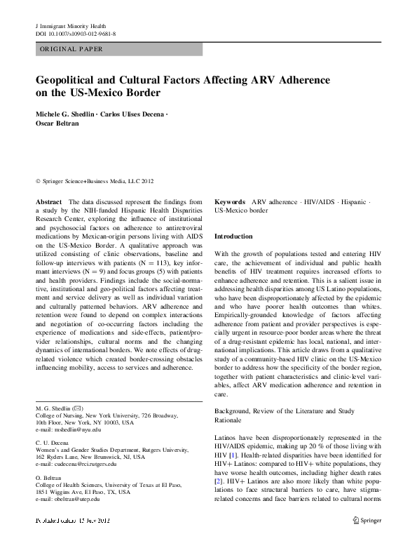 (PDF) Geopolitical and Cultural Factors Affecting ARV Adherence on the US-Mexico Border