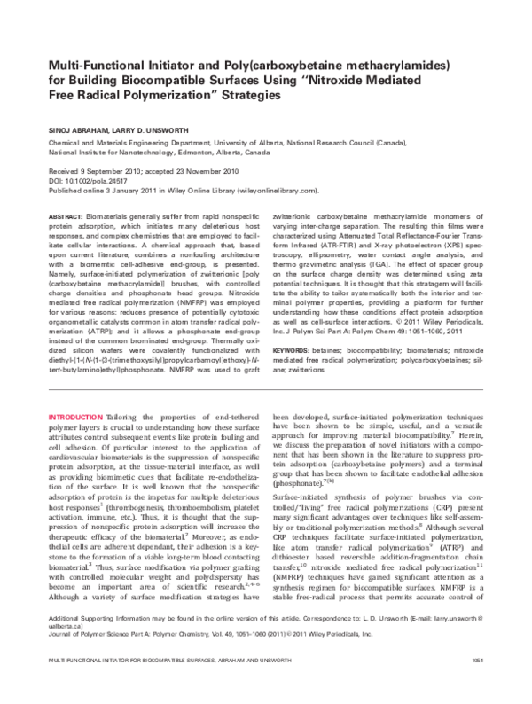 (PDF) Multi-functional initiator and poly(carboxybetaine methacrylamides) for building ...