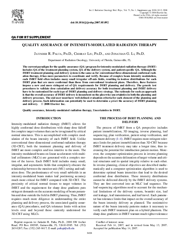 (PDF) Quality Assurance of Intensity-Modulated Radiation Therapy