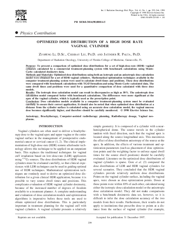 (PDF) Optimized Dose Distribution of a High Dose Rate Vaginal Cylinder