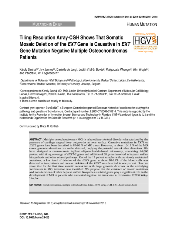 (PDF) Tiling resolution array-CGH shows that somatic mosaic deletion of the EXT gene is ...