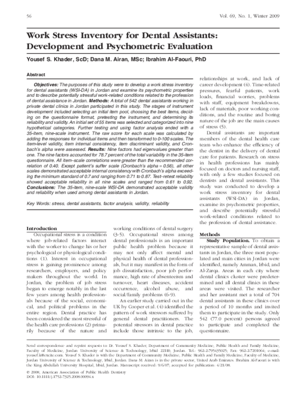 (PDF) Work Stress Inventory for Dental Assistants: Development and ...