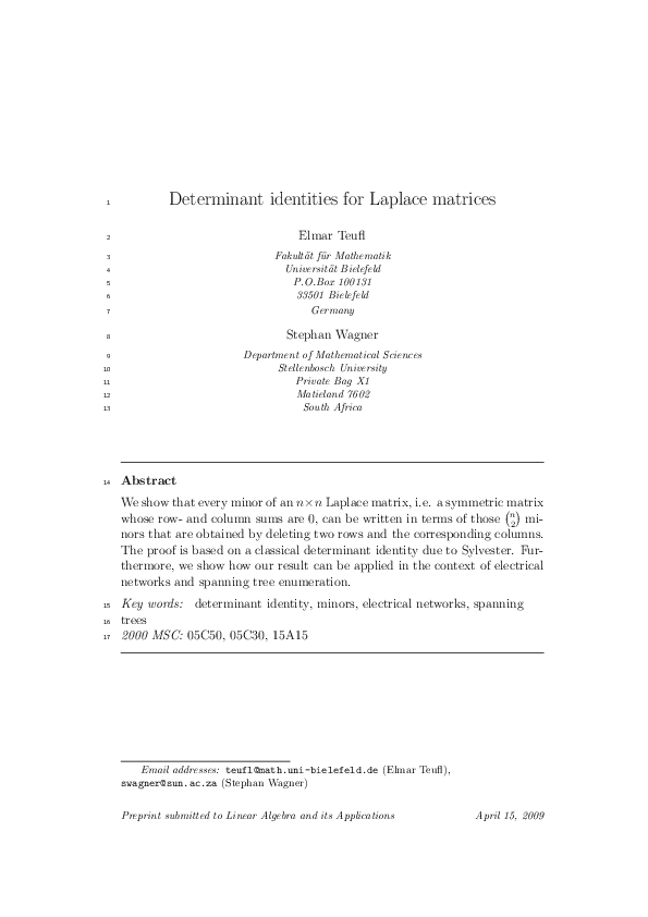 (PDF) Determinant identities for Laplace matrices