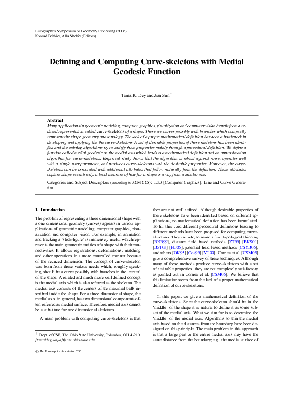 Pdf Defining And Computing Curve Skeletons With Medial Geodesic Function