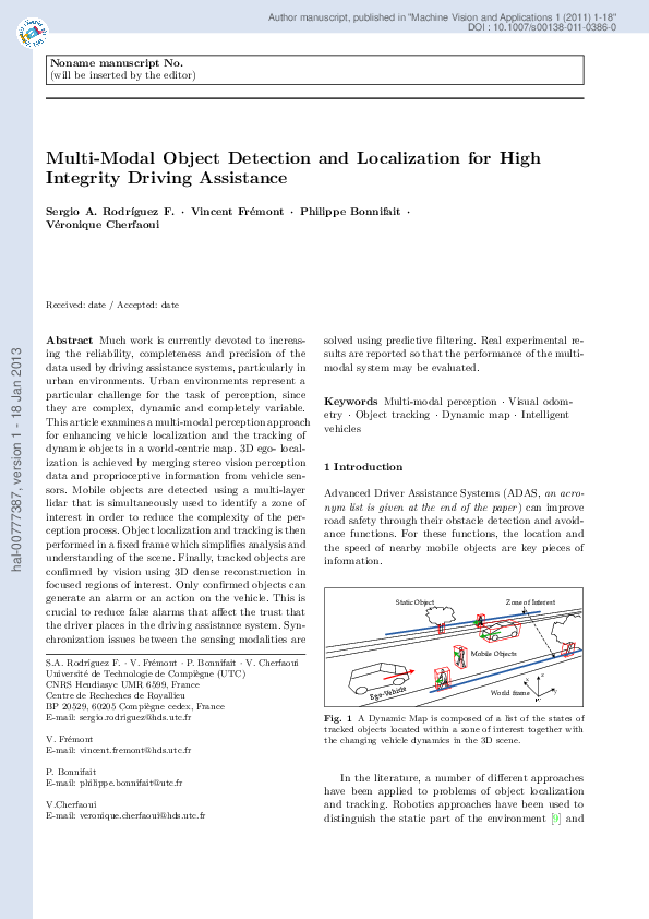 Pdf Multi Modal Object Detection And Localization For High Integrity Driving Assistance