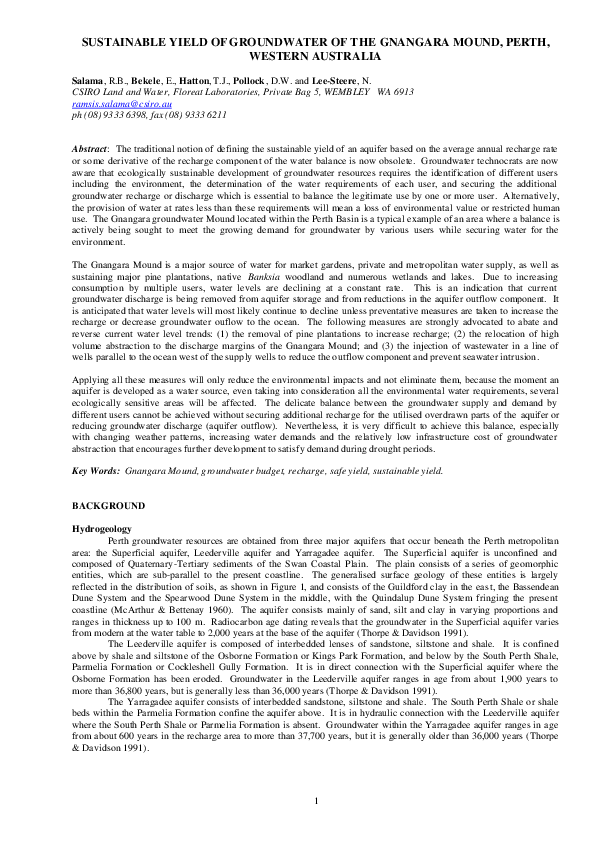 (PDF) Sustainable Yield of Groundwater of the Gnangara Mound, Perth ...