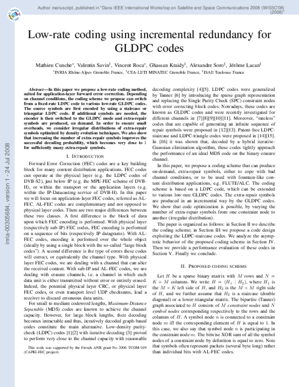 Pdf Low Rate Coding Using Incremental Redundancy For Gldpc Codes