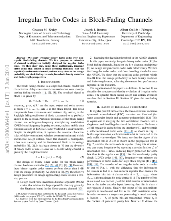 (PDF) Irregular turbo codes in block-fading channels