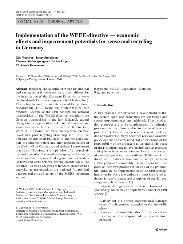 (PDF) Implementation of the WEEE-directive — economic effects and ...