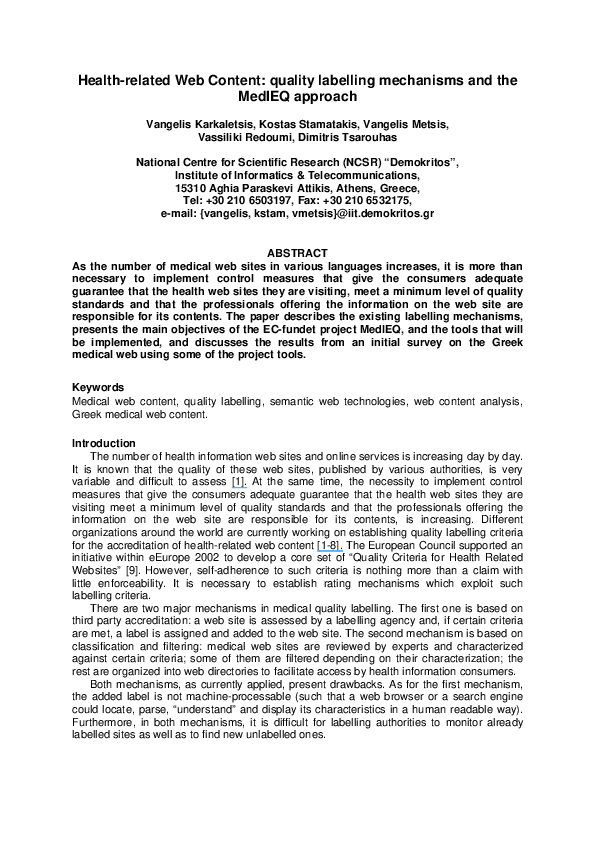 (PDF) Health-related Web Content: quality labelling mechanisms and the ...