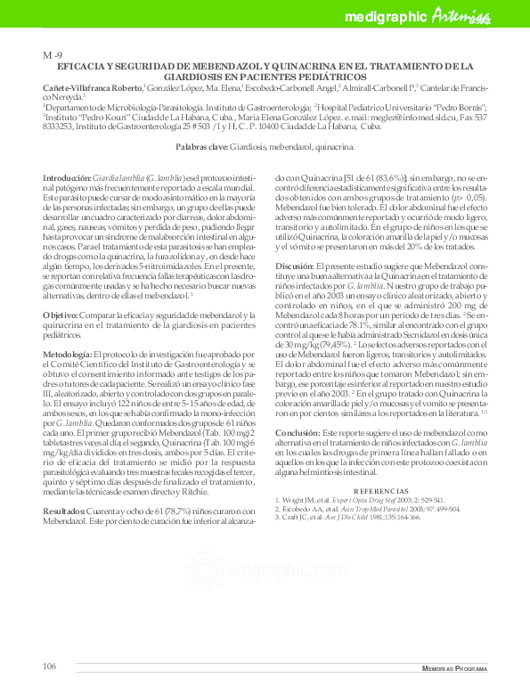 (PDF) Eficacia y seguridad de Mebendazol y Quinacrina en el tratamiento ...
