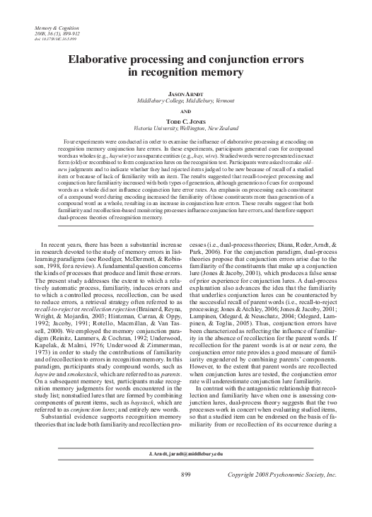 Pdf Elaborative Processing And Conjunction Errors In Recognition Memory Todd Jones