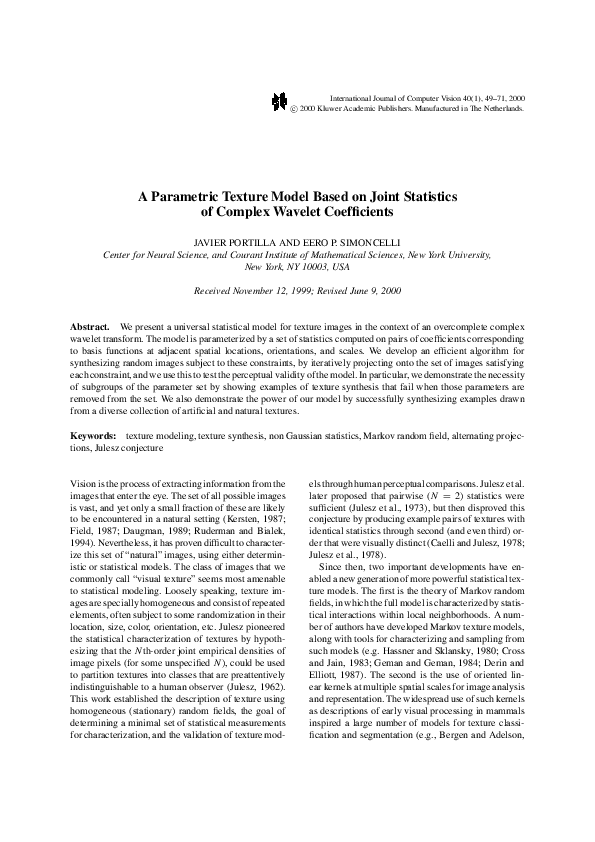 (PDF) Parametric texture model based on joint statistics of complex wavelet coefficients