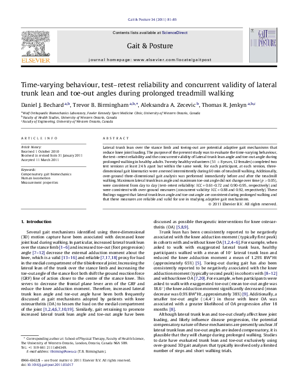 Pdf Time Varying Behaviour Test Retest Reliability And Concurrent Validity Of Lateral Trunk