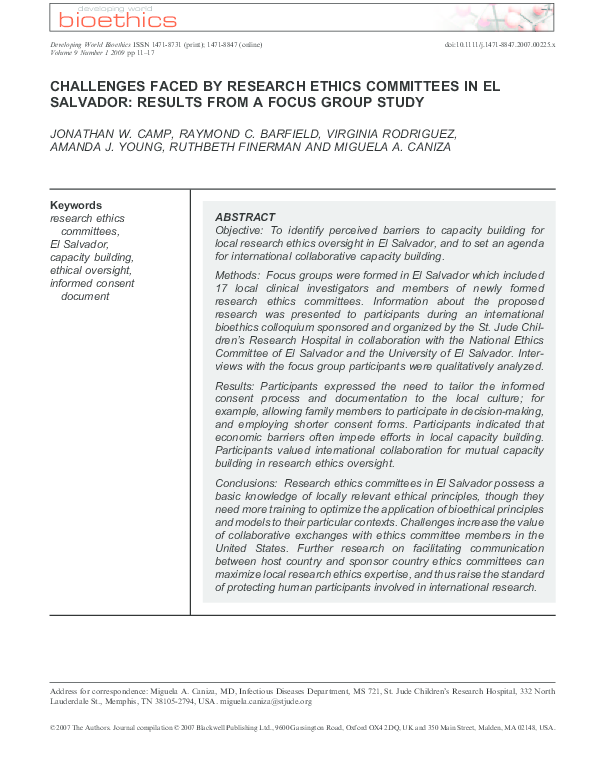 (PDF) CHALLENGES FACED BY RESEARCH ETHICS COMMITTEES IN EL SALVADOR ...