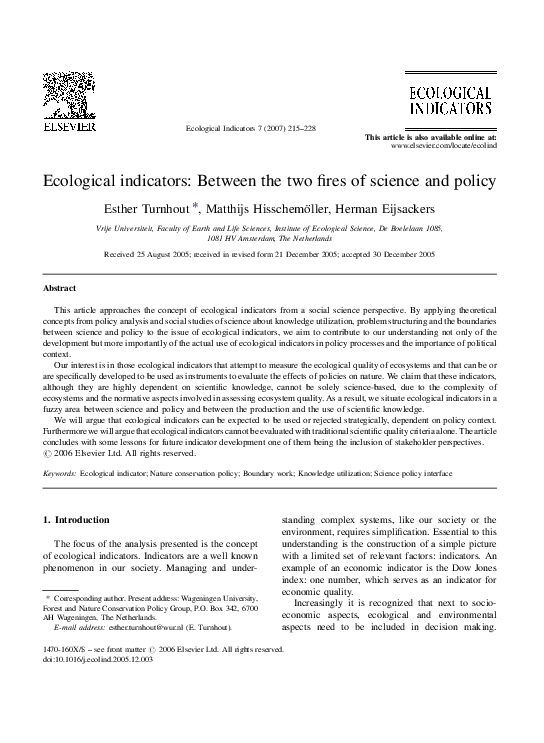 (PDF) Ecological indicators: Between the two fires of science and policy | Matthijs ...