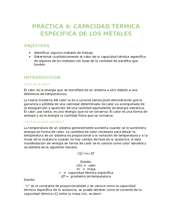(DOC) PRÁCTICA 4: CAPACIDAD TÉRMICA ESPECÍFICA DE LOS METALES