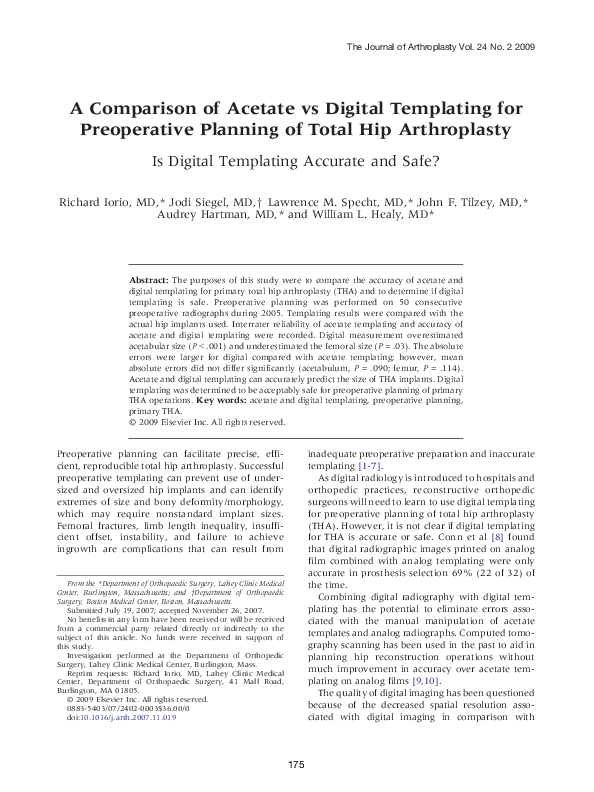 (PDF) A Comparison of Acetate vs Digital Templating for Preoperative ...