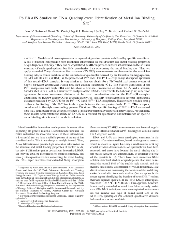 (PDF) Pb EXAFS Studies on DNA Quadruplexes: Identification of Metal Ion ...