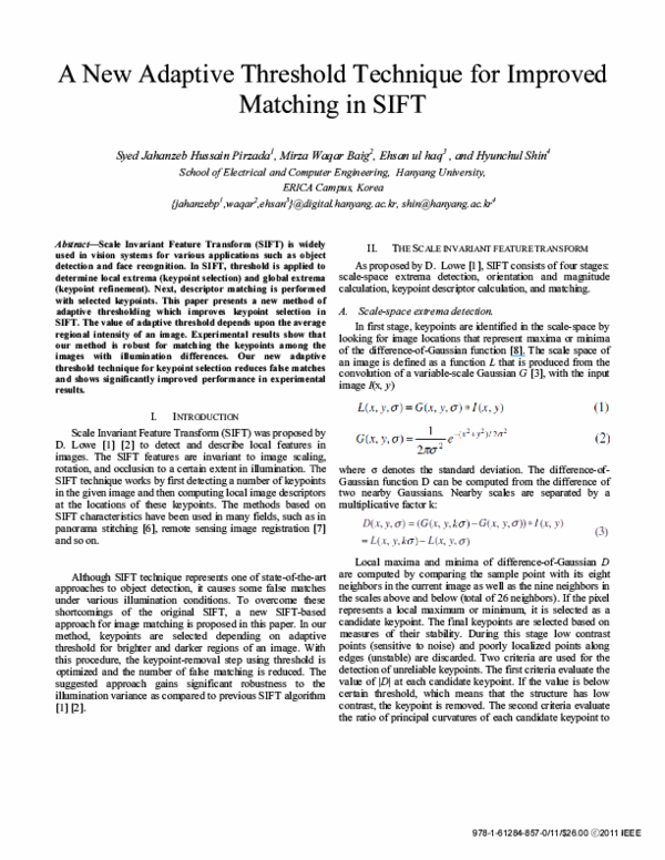 (PDF) A new adaptive threshold technique for improved matching in SIFT