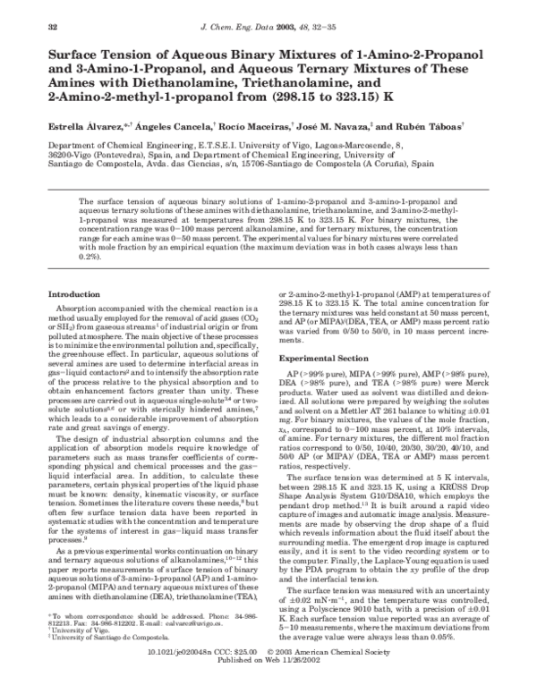 Pdf Surface Tension Of Aqueous Binary Mixtures Of 1 Amino 2 Propanol