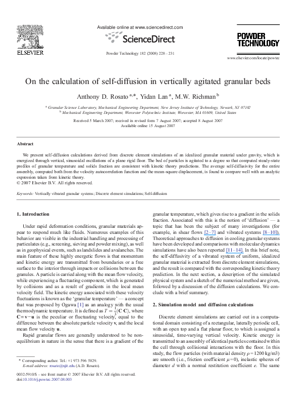 (PDF) On the calculation of self-diffusion in vertically agitated ...