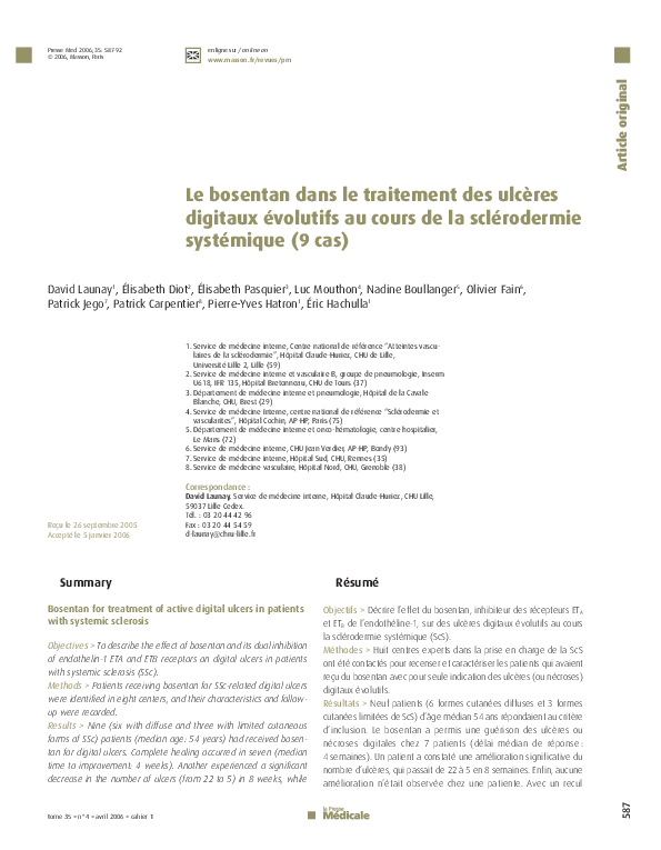 (PDF) Le bosentan dans le traitement des ulcères digitaux évolutifs au ...