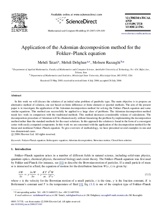 Pdf Adomian Decomposition For Fokker Planck Solutions